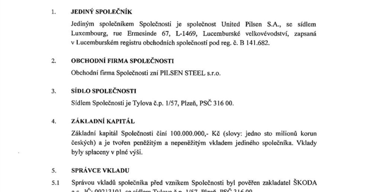 Osnivački akt kompanije Pilsen steel iz službenog registra Češke ...