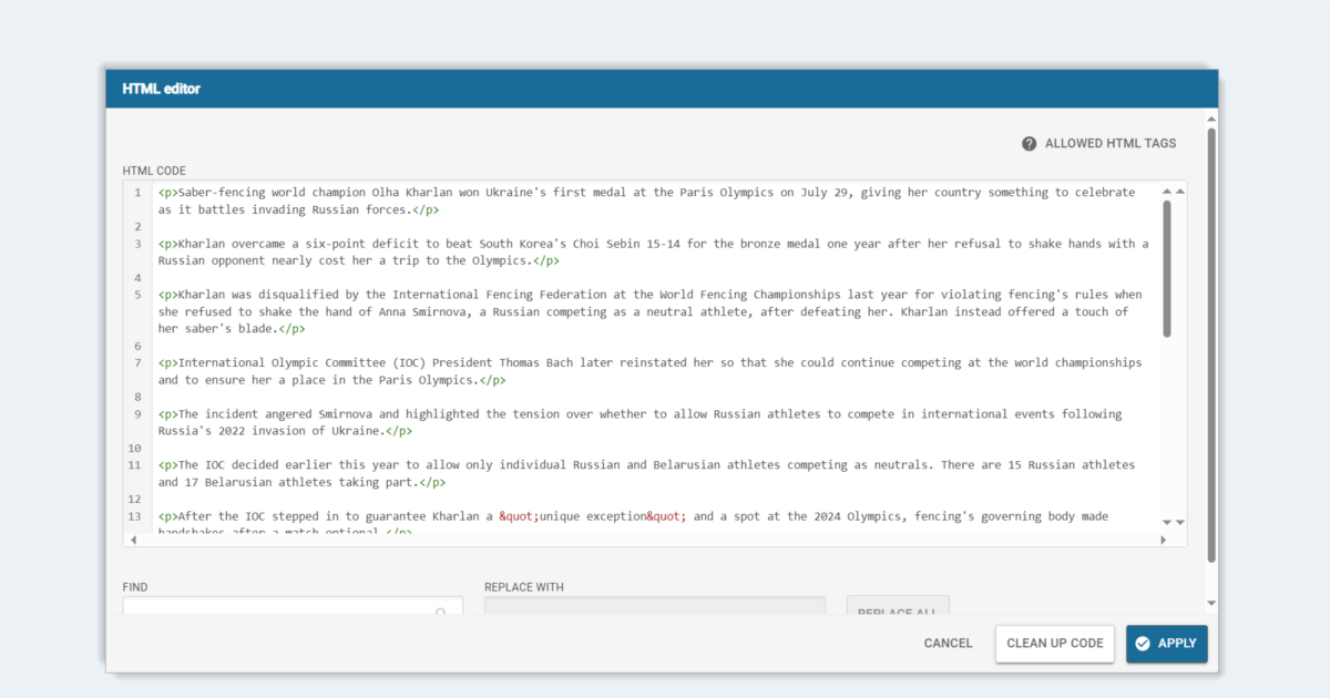 Using the HTML editor