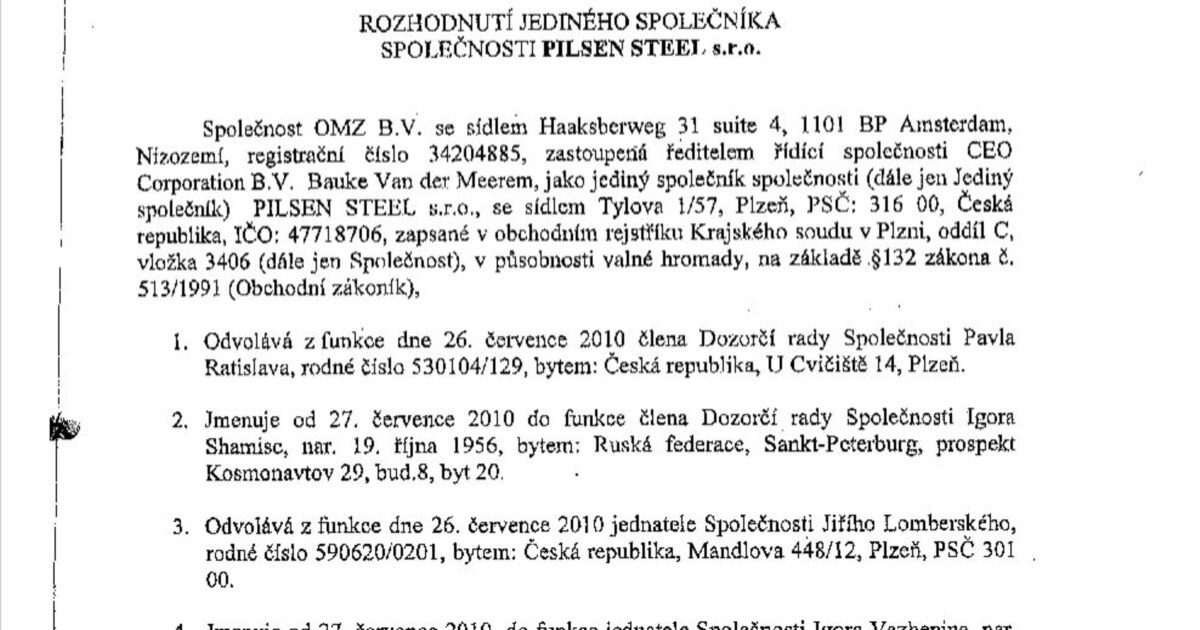 Dokument o vlasništvu nad Pilsen steel iz službenog registra Češke ...