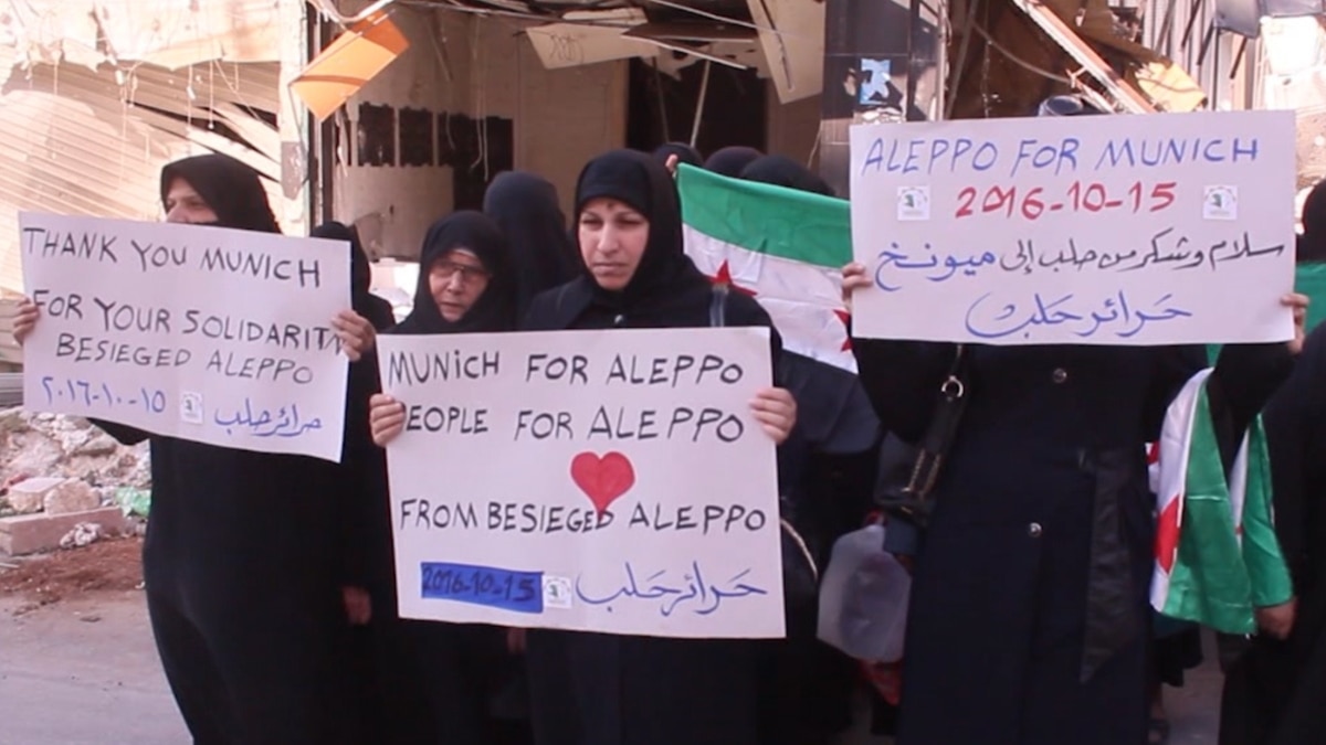 Aleppo Women Protest Russian Air Strikes, Thank Munich Solidarity Rally