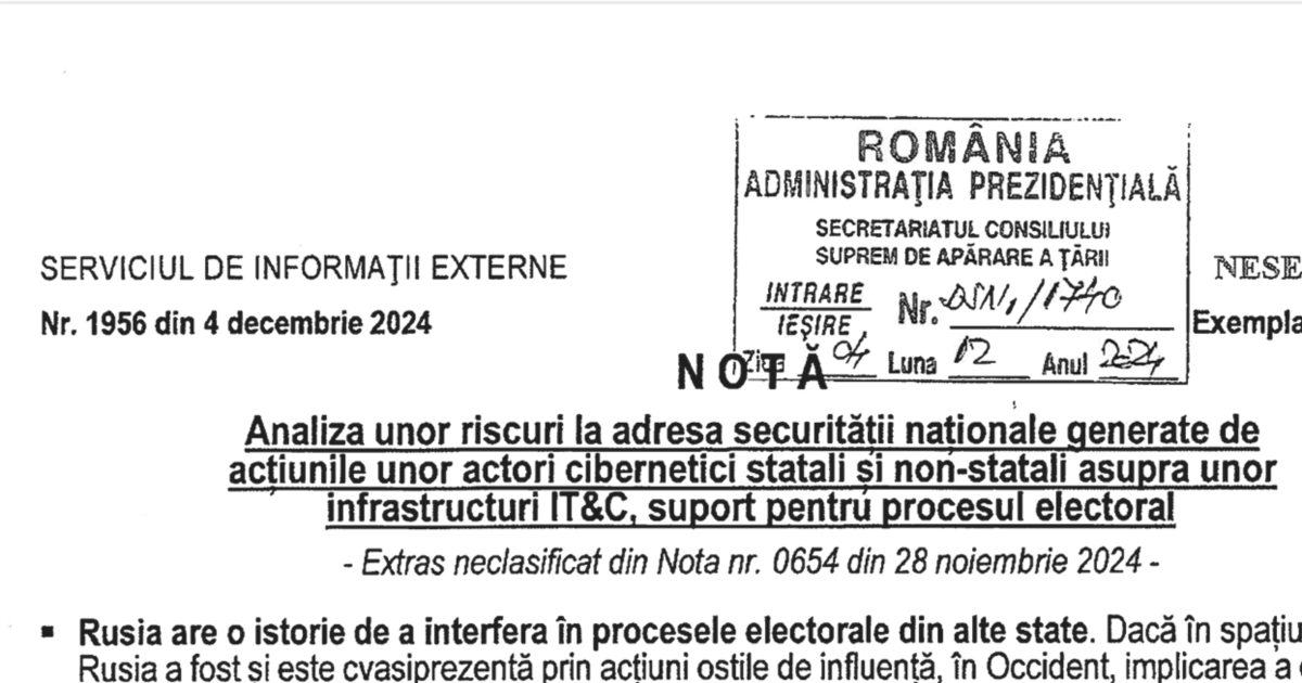 Document transmis CSAT de Serviciul de Informații Externe (SIE)